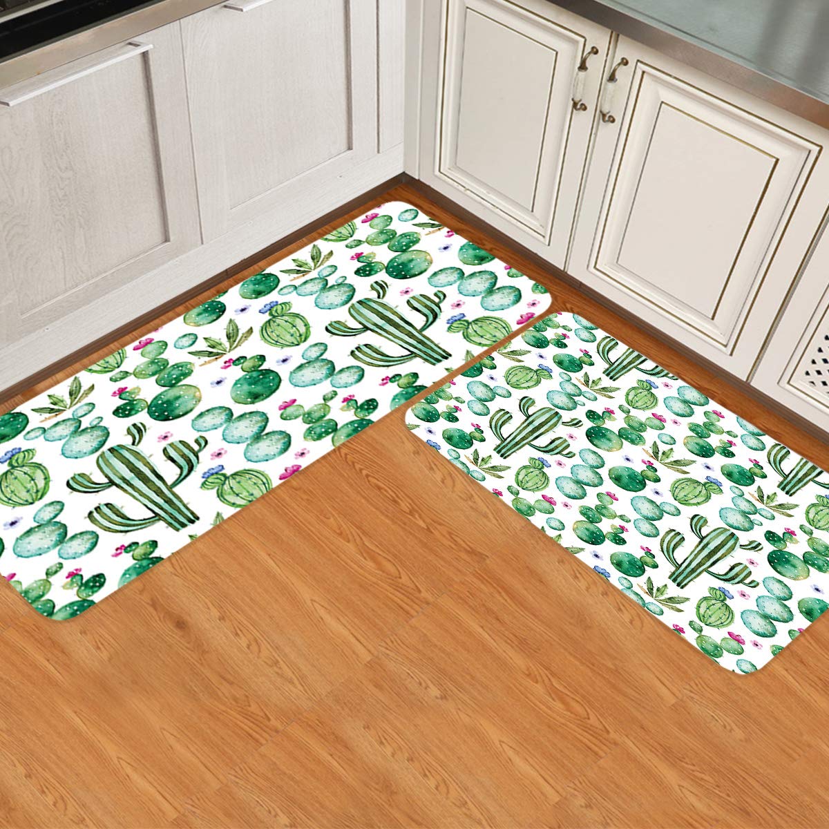 Succulent Cactus Anti Fatigue Kitchen Rug Set 2 Cushioned Kitchen Floor Mats Set Waterproof Heavy Duty Standing Mats Non Slip Nature Watercolor Botanical Desert Plant Flowers 19.7x31.5in+19.7x47.2in