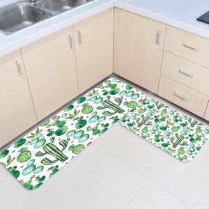 Succulent Cactus Anti Fatigue Kitchen Rug Set 2 Cushioned Kitchen Floor Mats Set Waterproof Heavy Duty Standing Mats Non Slip Nature Watercolor Botanical Desert Plant Flowers 19.7x31.5in+19.7x47.2in