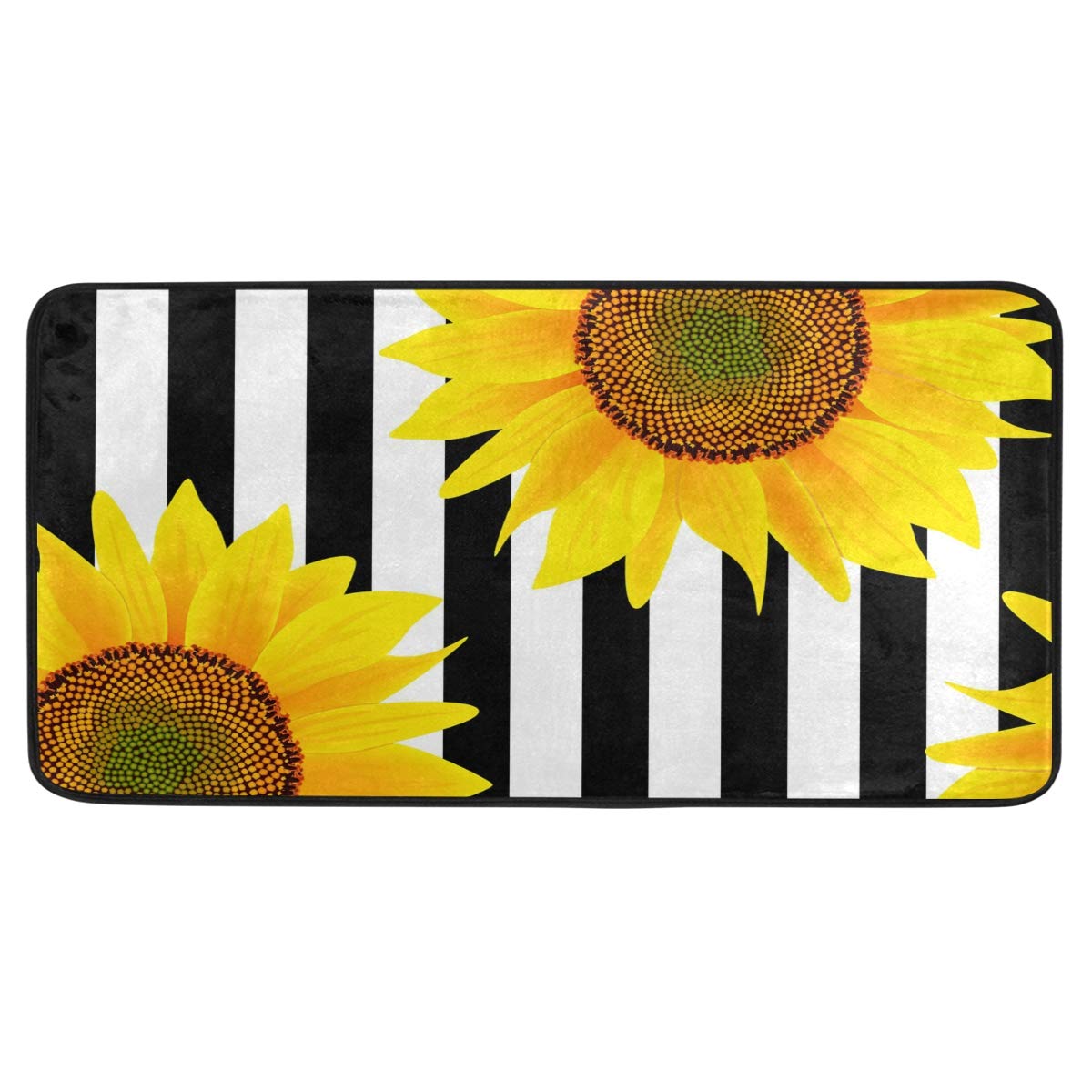 susiyo Kitchen Mat Sunflowers on Black and White Striped Kitchen Rug Mat Anti-Fatigue Comfort Floor Mat Non Slip Oil Stain Resistant Easy to Clean Kitchen Rug Bath Rug Carpet for Indoor Outdoor Door