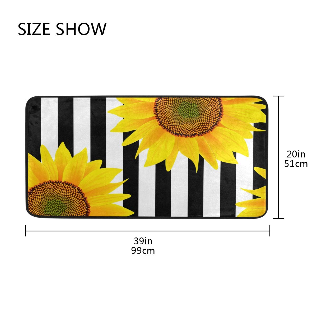 susiyo Kitchen Mat Sunflowers on Black and White Striped Kitchen Rug Mat Anti-Fatigue Comfort Floor Mat Non Slip Oil Stain Resistant Easy to Clean Kitchen Rug Bath Rug Carpet for Indoor Outdoor Door