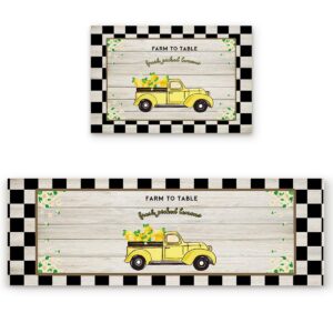 2 pieces kitchen mat set, yellow truck loads farm picked lemons on black checker, non slip rubber backing bathroom floor mat low pile machine washable 15.7x23.6in + 15.7x47in