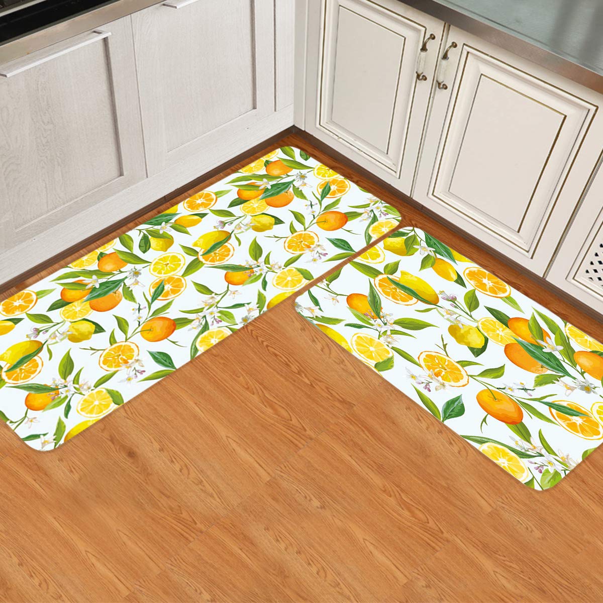 Lemon Kitchen Mats and Rugs Set of 2, Washable Absorbent Fruit Kitchen Runner Rug Carpet Leomon Kitchen Decor and Accessories Anti-Fatigue Comfort Mat for Kitchen Bathroom Laundry