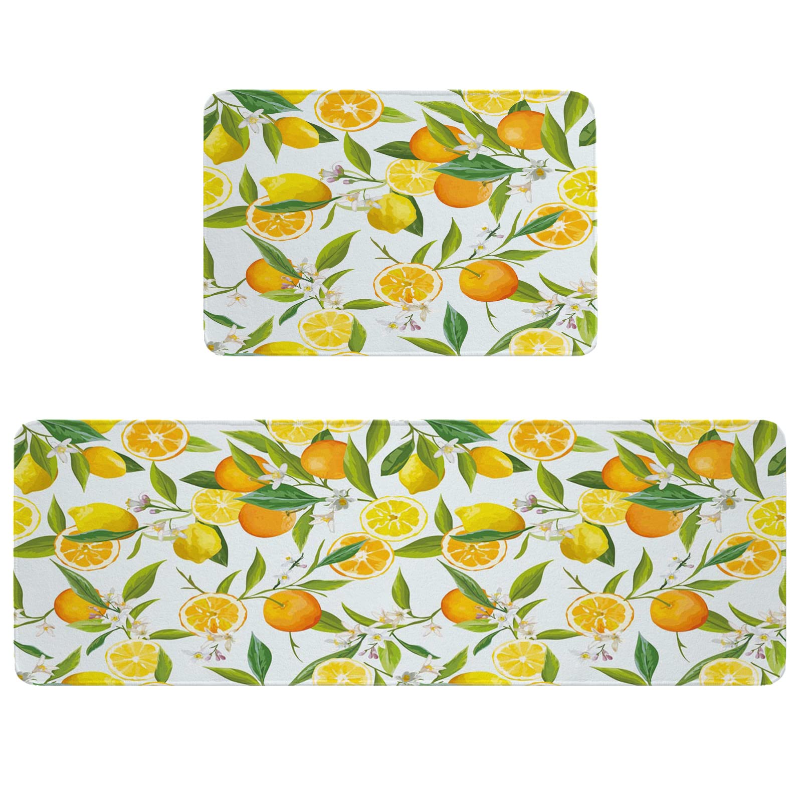 Lemon Kitchen Mats and Rugs Set of 2, Washable Absorbent Fruit Kitchen Runner Rug Carpet Leomon Kitchen Decor and Accessories Anti-Fatigue Comfort Mat for Kitchen Bathroom Laundry