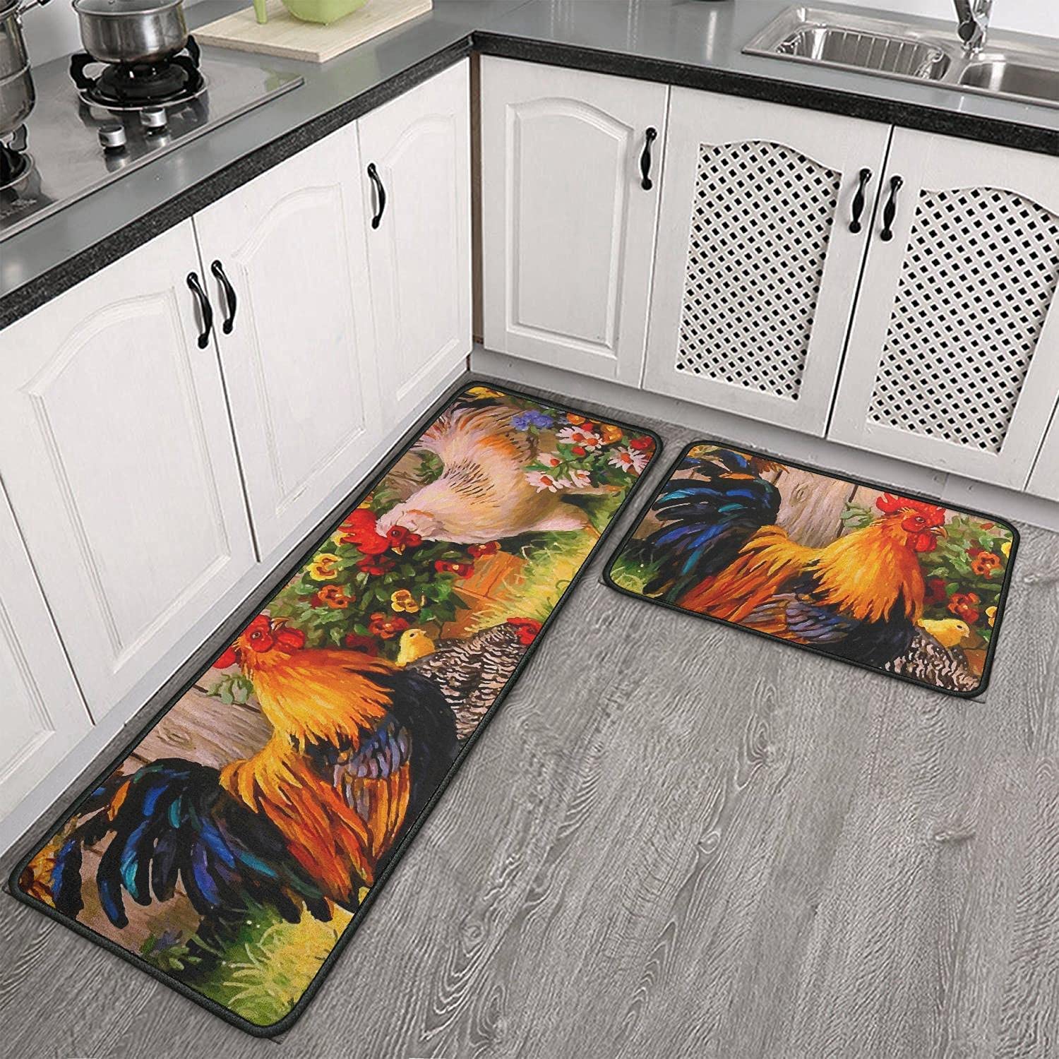 hdmfl GJING Sunflower and Rooster Kitchen Rugs and Mats [2 PCS] Anti-Fatigue Kitchen Floor Mat ​Non Slip Machine Washable Runner Carpets for Floor,Kitchen, Bathroom,Sink,Office,Laundry 17x59+17x29in