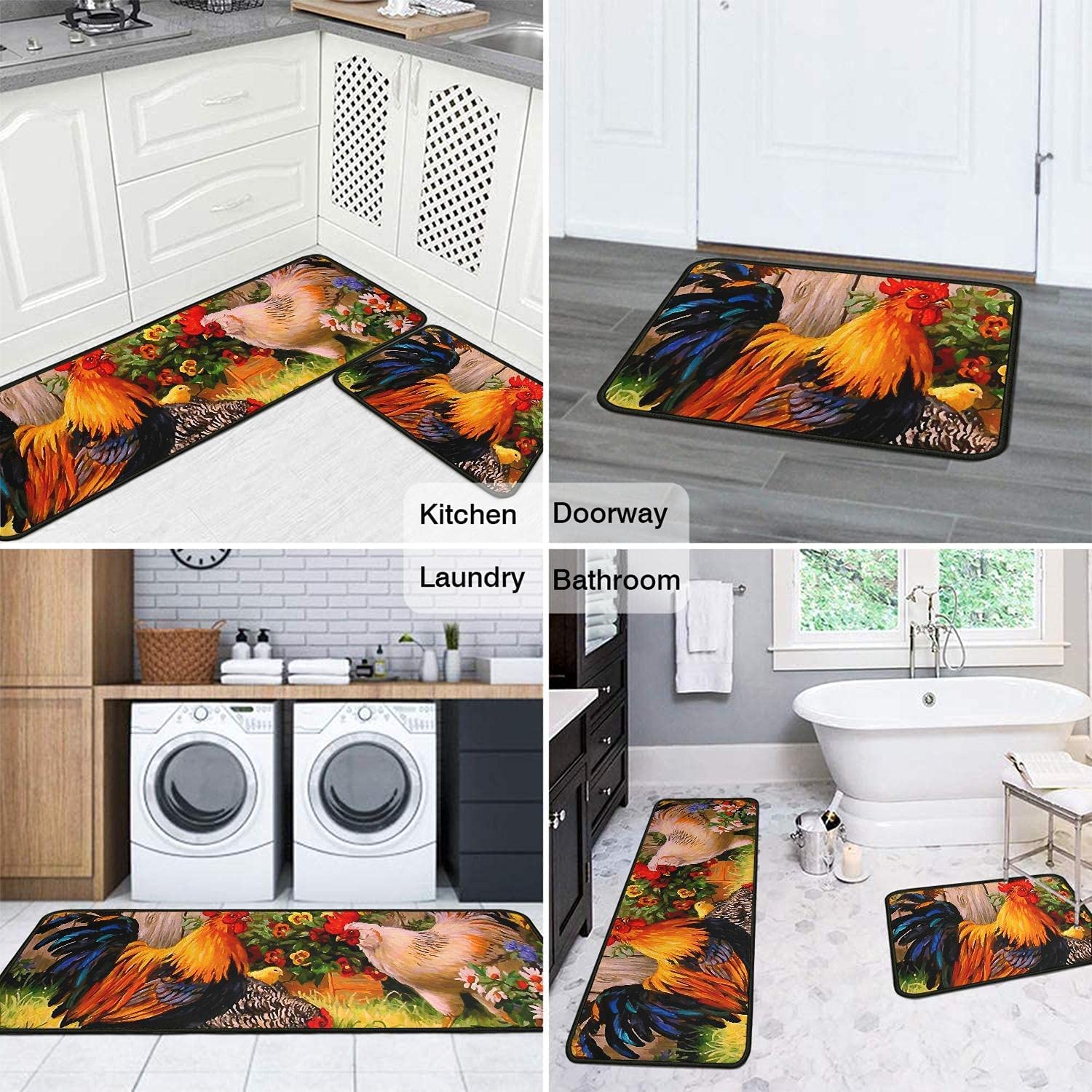 hdmfl GJING Sunflower and Rooster Kitchen Rugs and Mats [2 PCS] Anti-Fatigue Kitchen Floor Mat ​Non Slip Machine Washable Runner Carpets for Floor,Kitchen, Bathroom,Sink,Office,Laundry 17x59+17x29in