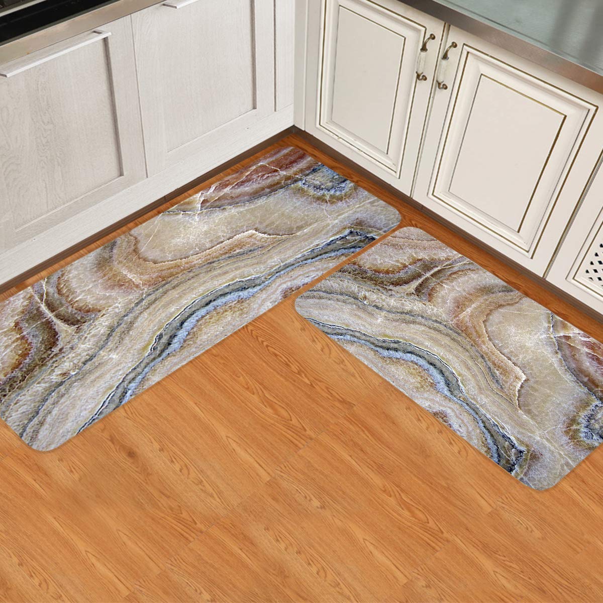 Homeown Marble Absorbent Kitchen Rug Set 2 Piece, Non Slip Cushioned Washable Floor Mat, Brown Comfort Carpet for Laundry Bathroom Living Room 15.7x23.6in+15.7x47.2in Granite, 20210605-ZSC-235CC