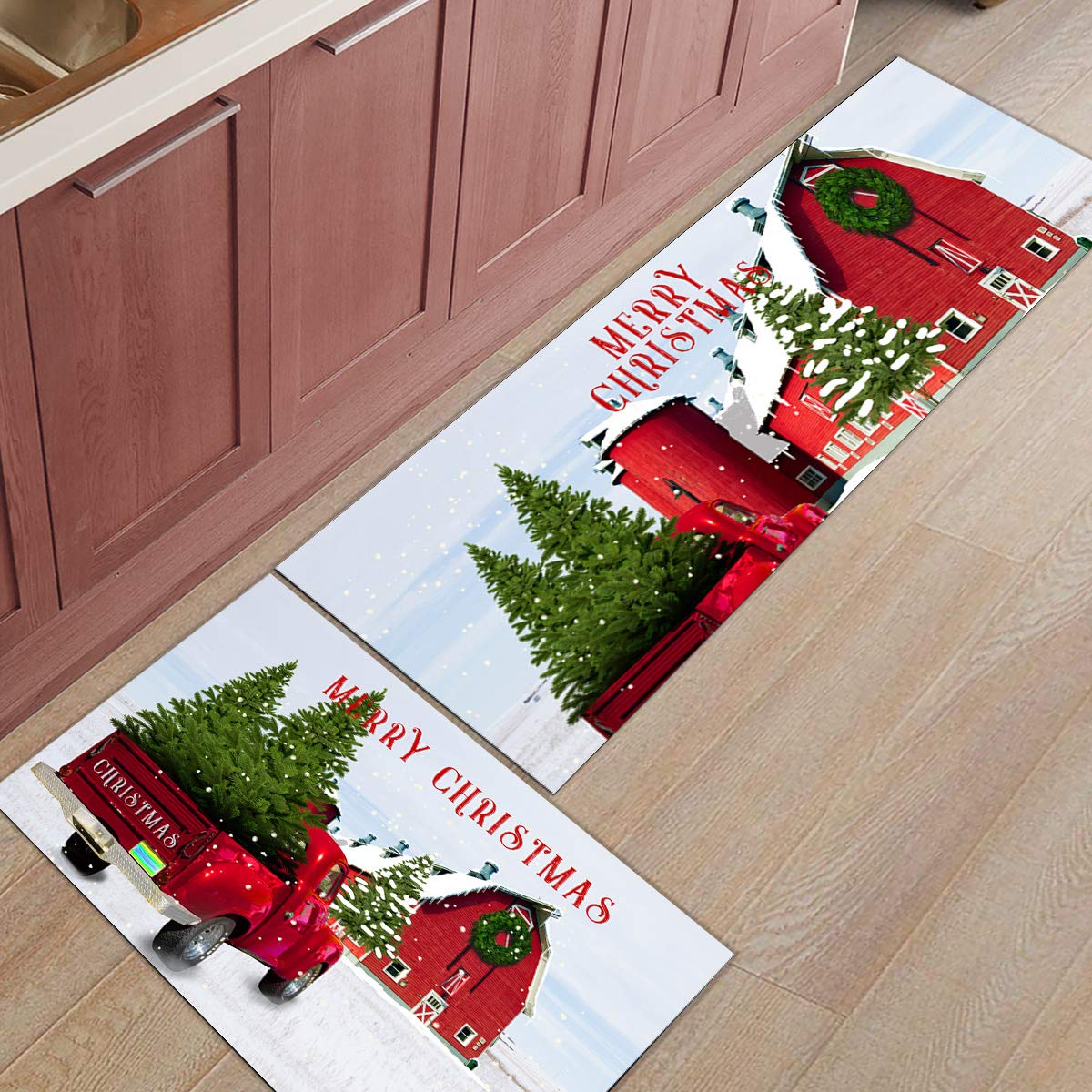 Big buy store Kitchen Rug Sets 2 Piece Christmas Barn Red Truck Non Slip Anti Fatigue Floor Mats Winter Farmhouse Comfort Soft Absorb Cushioned Standing Doormat Runner Rugs (19.7x31.5+19.7x47.2 inch)