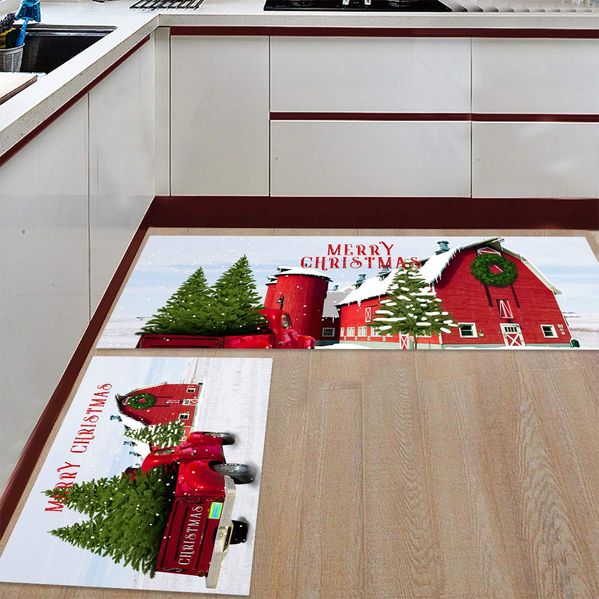 Big buy store Kitchen Rug Sets 2 Piece Christmas Barn Red Truck Non Slip Anti Fatigue Floor Mats Winter Farmhouse Comfort Soft Absorb Cushioned Standing Doormat Runner Rugs (19.7x31.5+19.7x47.2 inch)