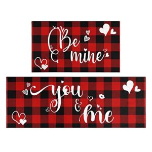 xsinufn valentines day kitchen mat set 2 piece,valentines day buffalo plaid decorative kitchen rugs,valentines hearts low-profile kitchen mats for home kitchen (17"x48"+17"x30" be mine)