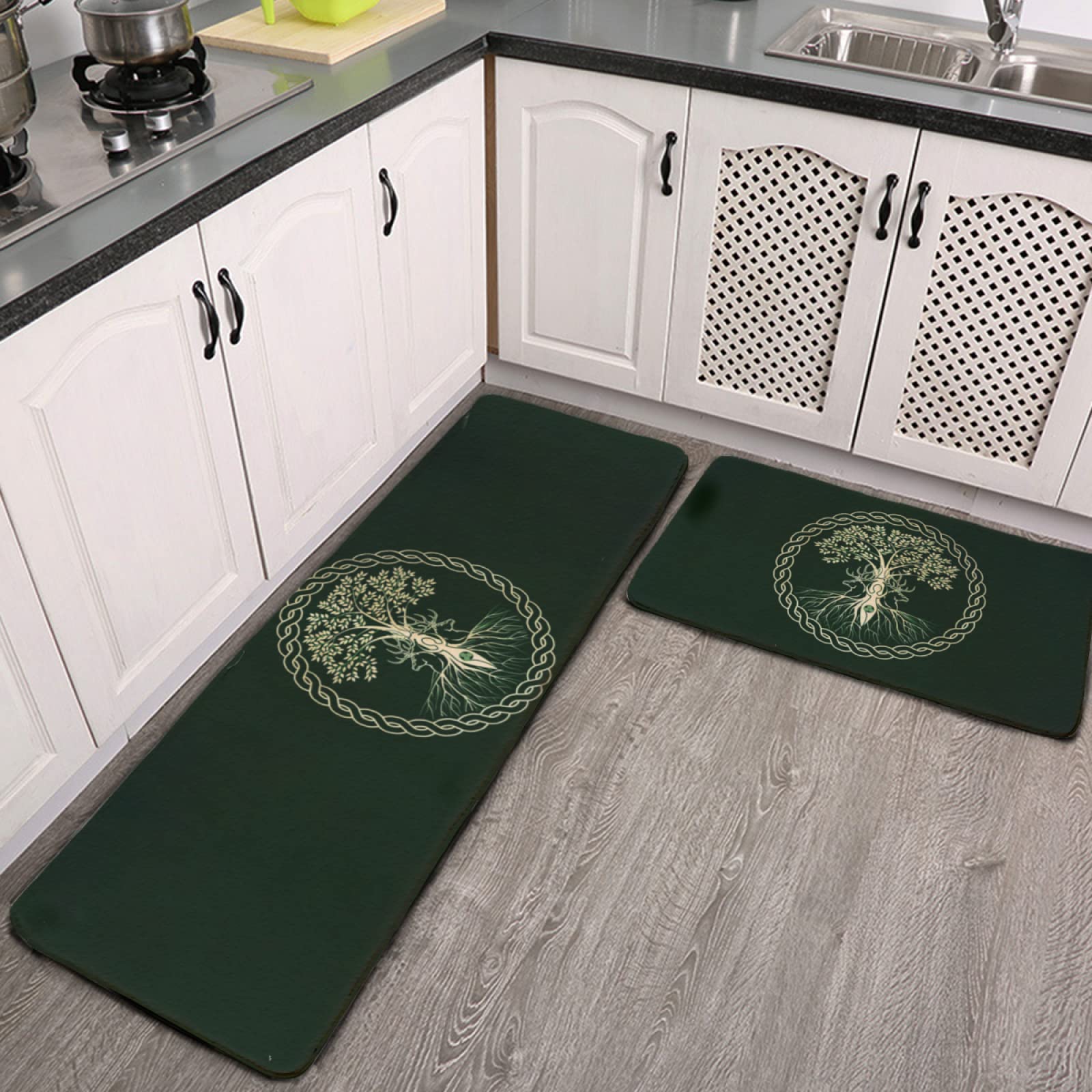 YouTary Norse Viking Goddess Wiccan Wicca Pagan Kitchen Rug Set 2 PCS Floor Mats Washable Non-Slip Soft Flannel Runner Rug Doormat Carpet for Kitchen Bathroom Laundry