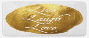 ambesonne live laugh love kitchen mat, inspirational words life message on a big color spot modern design, plush decorative kitchen mat with non slip backing, 47" x 19", white gold