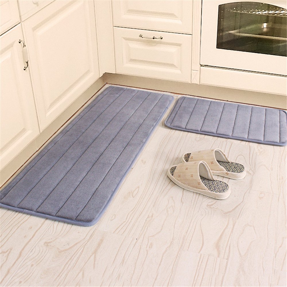 CAMAL Kitchen Rugs, 2 Pieces Non-Slip Memory Foam Stripe Kitchen Mat Rubber Backing Doormat Runner Rug Set (16"x24"+16"x48", Gray)