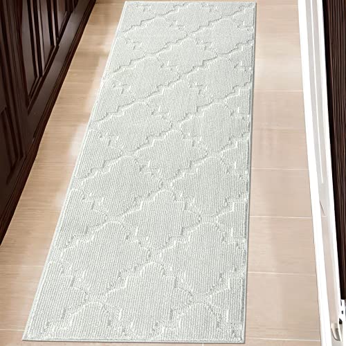 Zacoo Long Runner Rug 2'x8' Tufted Shag Hallway Rug Runner Boho Farmhouse Kitchen Mat Indoor Modern Bedside Runner Ultra Soft Non Slip Geometric Moroccan Rugs for Entryway Laundry Bathroom, Beige Grey