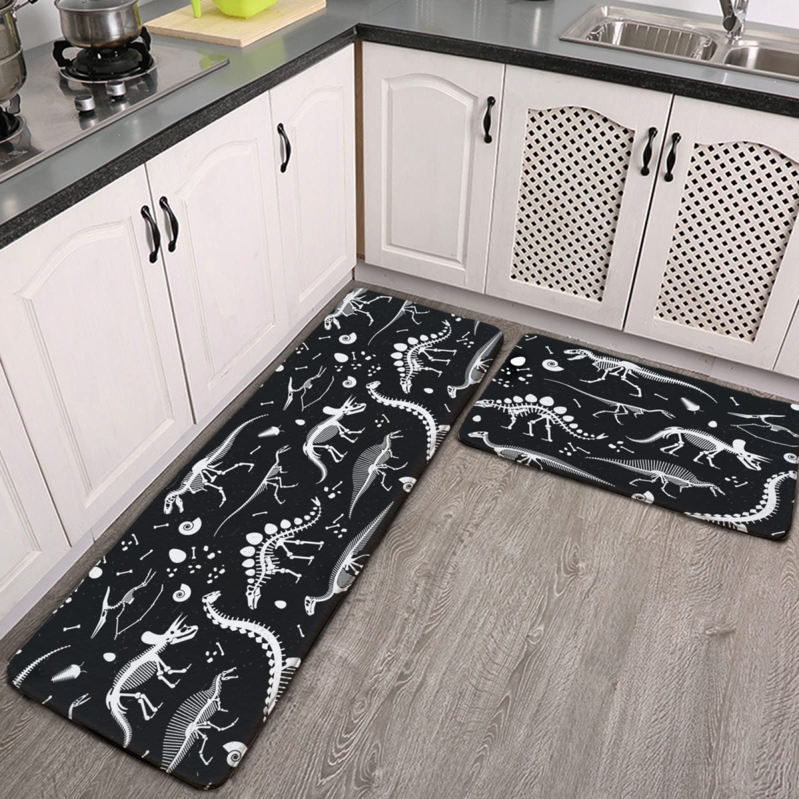 YouTary Black and White Dinosaur Skeleton Pattern Kitchen Rug Set 2 PCS Floor Mats Washable Non-Slip Soft Flannel Runner Rug Doormat Carpet for Floor Home Bathroom, 17" x 47"+17" x 24"-M