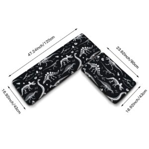 YouTary Black and White Dinosaur Skeleton Pattern Kitchen Rug Set 2 PCS Floor Mats Washable Non-Slip Soft Flannel Runner Rug Doormat Carpet for Floor Home Bathroom, 17" x 47"+17" x 24"-M