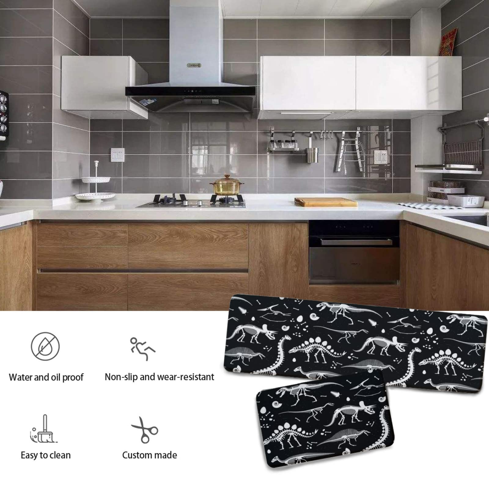 YouTary Black and White Dinosaur Skeleton Pattern Kitchen Rug Set 2 PCS Floor Mats Washable Non-Slip Soft Flannel Runner Rug Doormat Carpet for Floor Home Bathroom, 17" x 47"+17" x 24"-M