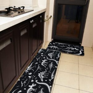 YouTary Black and White Dinosaur Skeleton Pattern Kitchen Rug Set 2 PCS Floor Mats Washable Non-Slip Soft Flannel Runner Rug Doormat Carpet for Floor Home Bathroom, 17" x 47"+17" x 24"-M