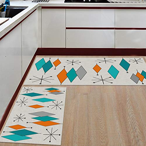 LooPoP Europen Modern Mid Century Kitchen Mats for Floor Cushioned Anti Fatigue 2 Piece Set Kitchen Runner Rugs Non Skid Washable Retro Prismatic 15.7x23.6+15.7x47.2inch