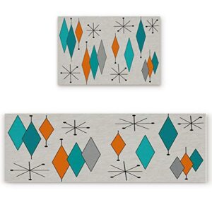 LooPoP Europen Modern Mid Century Kitchen Mats for Floor Cushioned Anti Fatigue 2 Piece Set Kitchen Runner Rugs Non Skid Washable Retro Prismatic 15.7x23.6+15.7x47.2inch