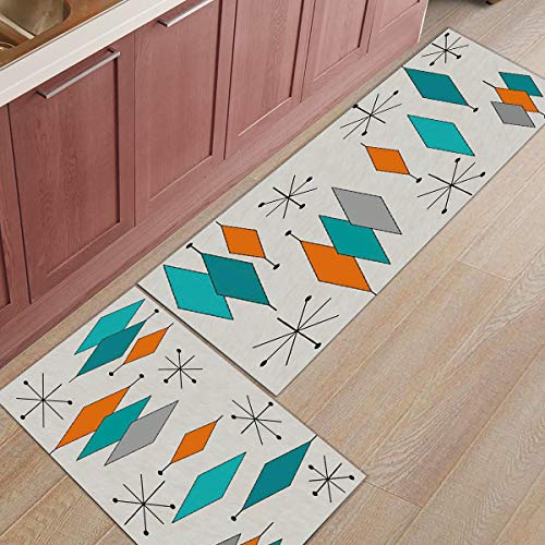 LooPoP Europen Modern Mid Century Kitchen Mats for Floor Cushioned Anti Fatigue 2 Piece Set Kitchen Runner Rugs Non Skid Washable Retro Prismatic 15.7x23.6+15.7x47.2inch