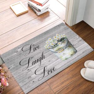 doormat bath rugs non slip retro grey wood grain white flower and geometry comb washable cover floor rug absorbent carpets floor mat home decor for kitchen bathroom bedroom (16x24)