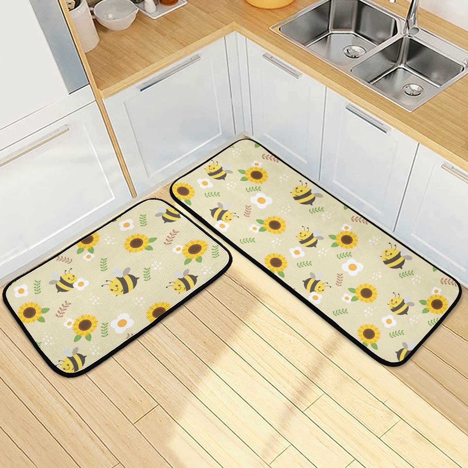 Spring Cute Bee Sunflower Kitchen Rugs Set of 2, Daisy Flral Floor Runner Area Rug Washable Carpet Mat Perfect for Living Room Bedroom Entryway