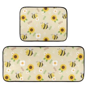 Spring Cute Bee Sunflower Kitchen Rugs Set of 2, Daisy Flral Floor Runner Area Rug Washable Carpet Mat Perfect for Living Room Bedroom Entryway