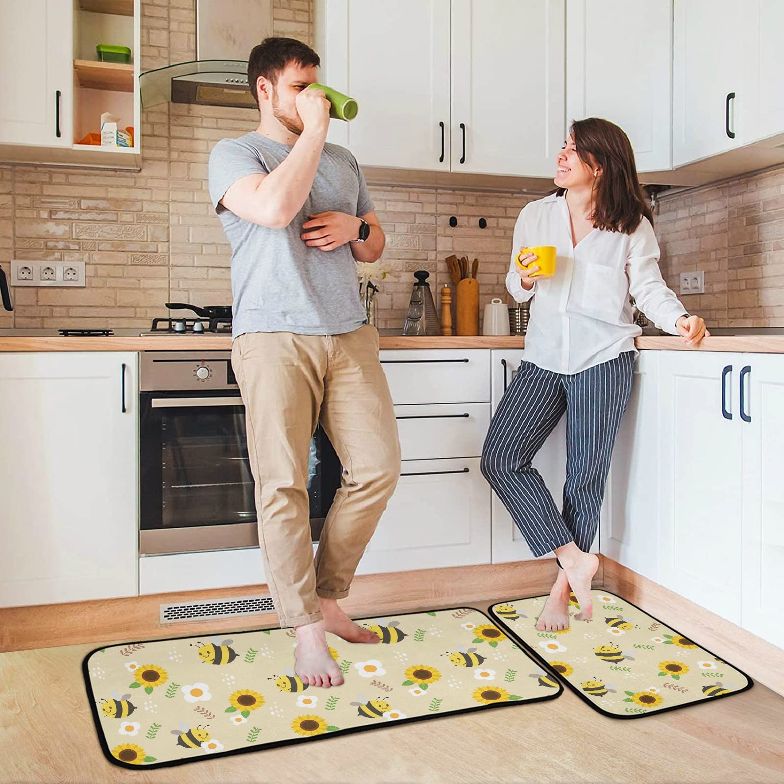 Spring Cute Bee Sunflower Kitchen Rugs Set of 2, Daisy Flral Floor Runner Area Rug Washable Carpet Mat Perfect for Living Room Bedroom Entryway