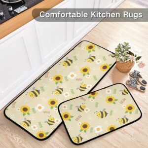 Spring Cute Bee Sunflower Kitchen Rugs Set of 2, Daisy Flral Floor Runner Area Rug Washable Carpet Mat Perfect for Living Room Bedroom Entryway