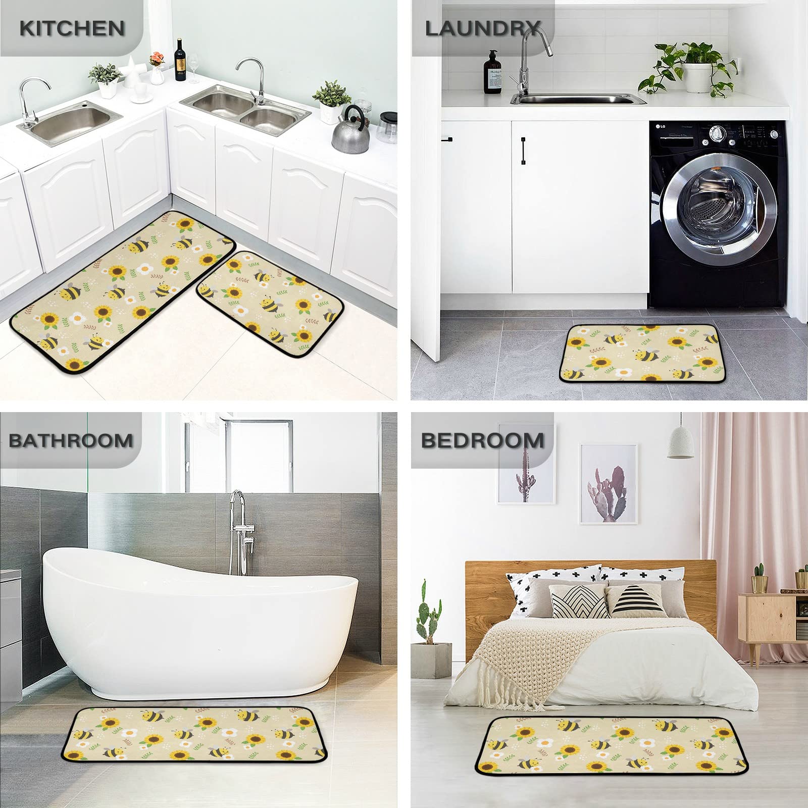 Spring Cute Bee Sunflower Kitchen Rugs Set of 2, Daisy Flral Floor Runner Area Rug Washable Carpet Mat Perfect for Living Room Bedroom Entryway