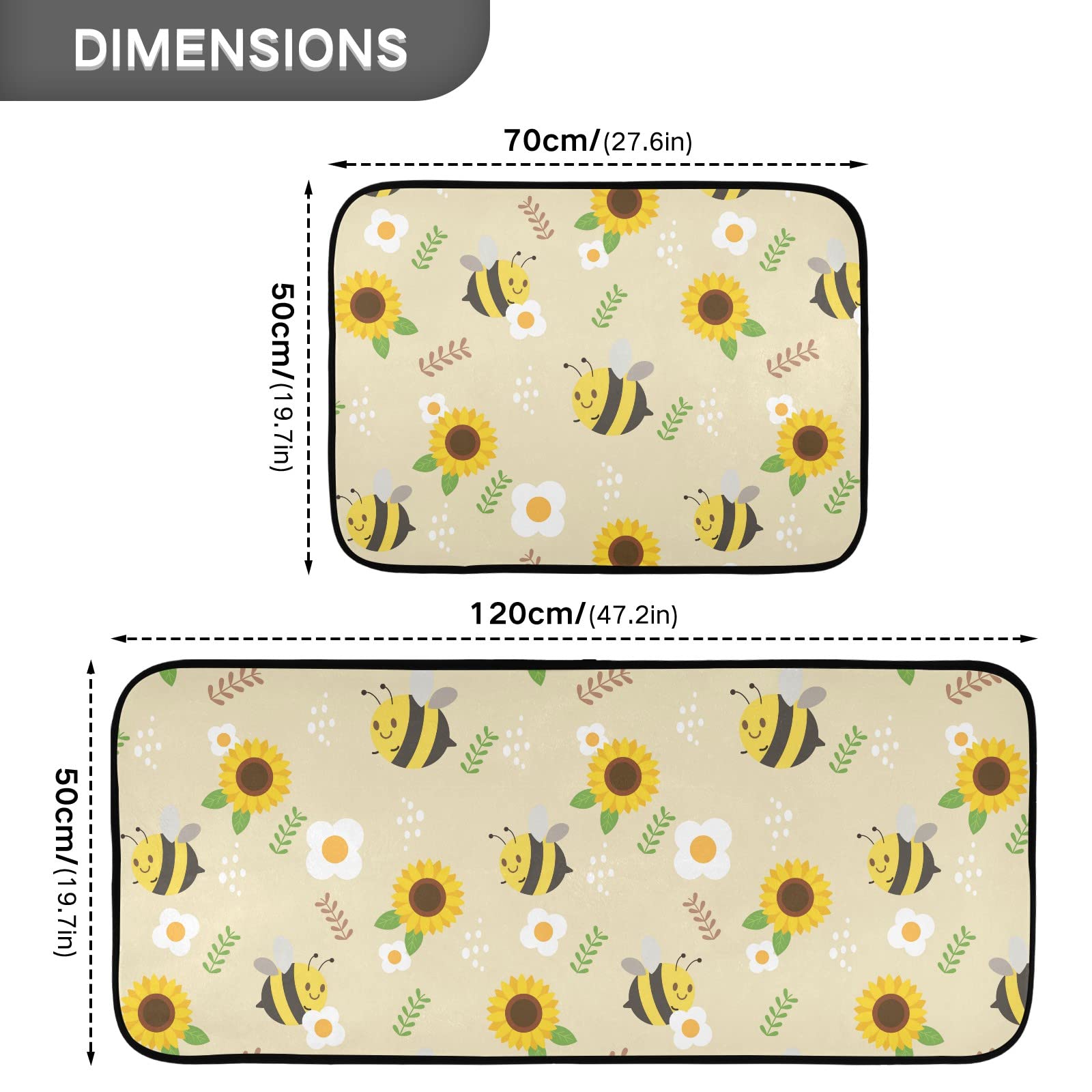 Spring Cute Bee Sunflower Kitchen Rugs Set of 2, Daisy Flral Floor Runner Area Rug Washable Carpet Mat Perfect for Living Room Bedroom Entryway