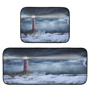 xigua 2 pieces stormy landscape lighthouse kitchen rugs and mats set absorbent soft microfiber bath mat non-slip kitchen mat doormat runner set, 19.7"x47.2"+19.7"x27.6"