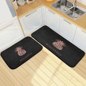 alaza rose gold pineapple black 2 piece kitchen rug floor mat set runner rugs non-slip for kitchen laundry office 20" x 28" + 20" x 48"