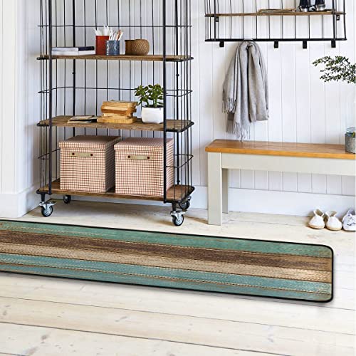 Teal Green Brown Retro Rustic Wood Texture Kitchen Rug Runner Rug Doormat Bath Mat Area Rug Non-Slip Carpet for Kitchen Living Bedroom 72 x 24 Inch