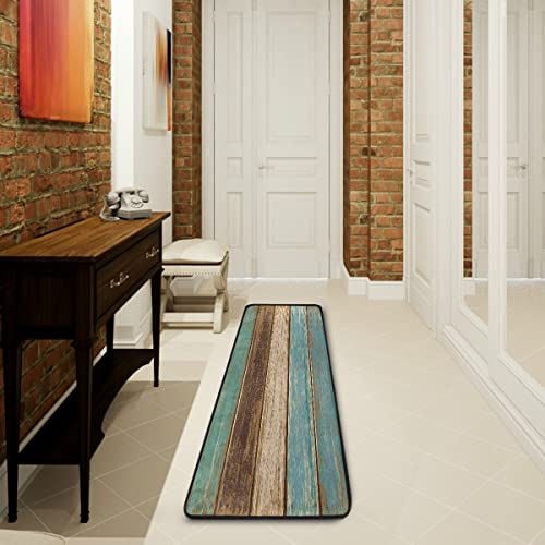 Teal Green Brown Retro Rustic Wood Texture Kitchen Rug Runner Rug Doormat Bath Mat Area Rug Non-Slip Carpet for Kitchen Living Bedroom 72 x 24 Inch