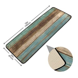 Teal Green Brown Retro Rustic Wood Texture Kitchen Rug Runner Rug Doormat Bath Mat Area Rug Non-Slip Carpet for Kitchen Living Bedroom 72 x 24 Inch