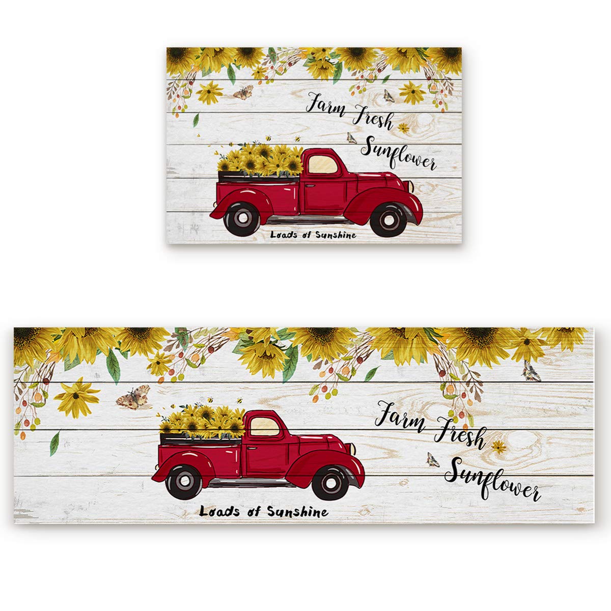 Kitchen Rugs and Mats Non Slip Cushioned Anti Fatigue Machine Washable 2 Pieces Rug Set Kitchen Mats For Floor,Sunflowers Red Car Vintage Farm Fresh Loads of Sunshine (15.7"x23.6"+15.7"x47.2" inches)