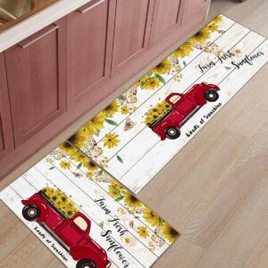 Kitchen Rugs and Mats Non Slip Cushioned Anti Fatigue Machine Washable 2 Pieces Rug Set Kitchen Mats For Floor,Sunflowers Red Car Vintage Farm Fresh Loads of Sunshine (15.7"x23.6"+15.7"x47.2" inches)