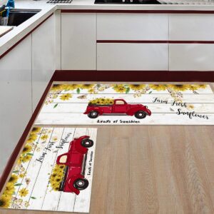 Kitchen Rugs and Mats Non Slip Cushioned Anti Fatigue Machine Washable 2 Pieces Rug Set Kitchen Mats For Floor,Sunflowers Red Car Vintage Farm Fresh Loads of Sunshine (15.7"x23.6"+15.7"x47.2" inches)