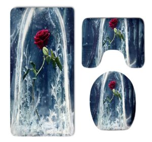 bathroom rug mat set 3 pc - memory foam plush carpet mats–water absorbent u-shaped bath mats lid cover - non slip, fast dry beauty the beast rose rug mat