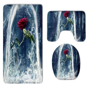 Bathroom Rug Mat Set 3 Pc - Memory Foam Plush Carpet Mats–Water Absorbent U-Shaped Bath Mats Lid Cover - Non Slip, Fast Dry Beauty The Beast Rose Rug Mat