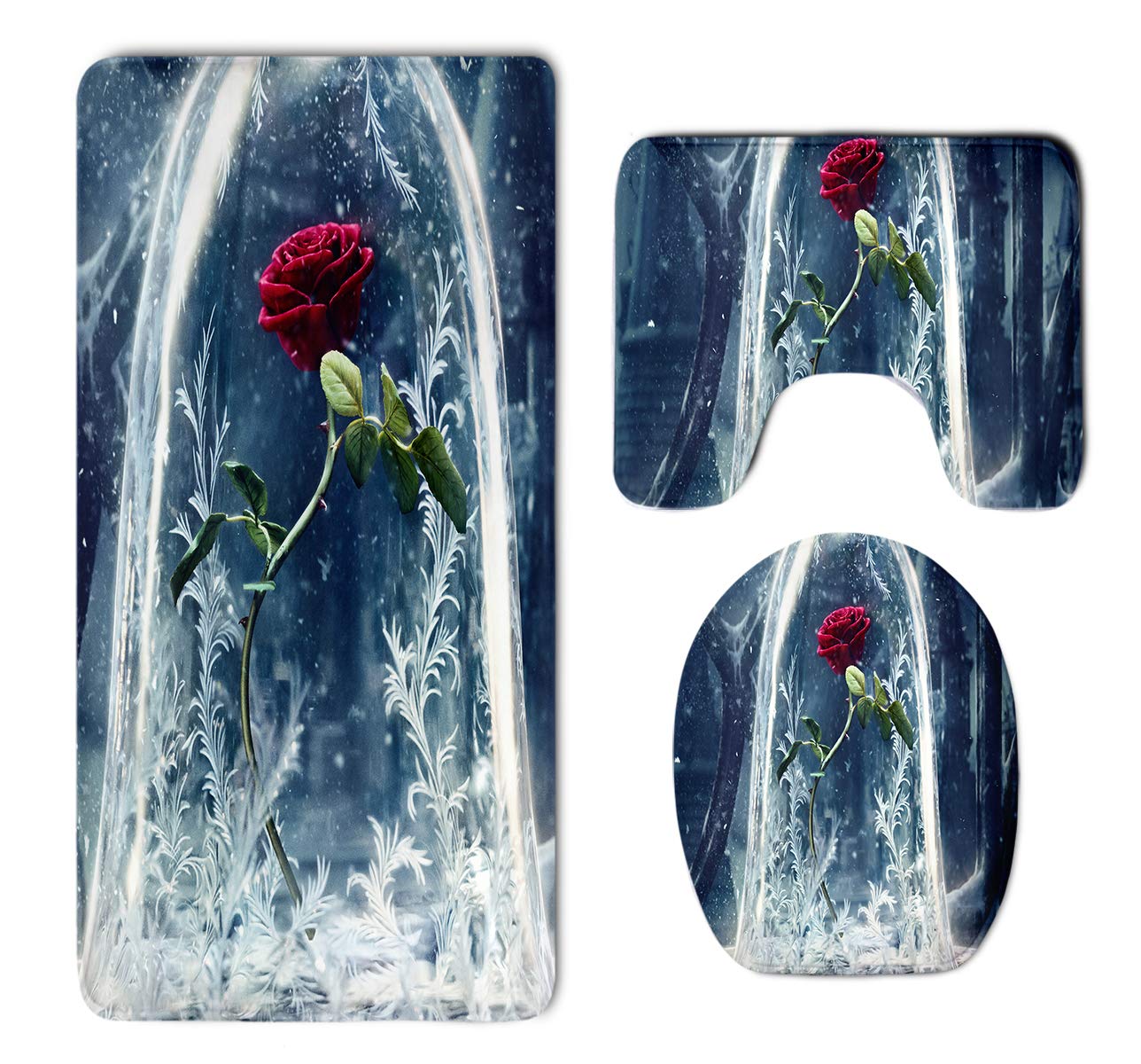 Bathroom Rug Mat Set 3 Pc - Memory Foam Plush Carpet Mats–Water Absorbent U-Shaped Bath Mats Lid Cover - Non Slip, Fast Dry Beauty The Beast Rose Rug Mat