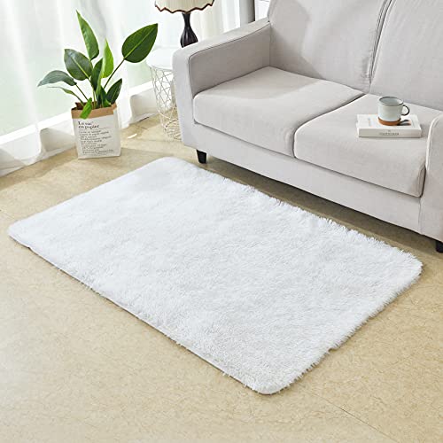 ECM. Beautiful Living Room Rug Set - Solid Aesthetic Soft Fluffy Rug Carpet for Home, Dining Room, and Kitchen - Faux Fur Anti Slip Rug & Water Absorber Bathroom Carpet Set - White