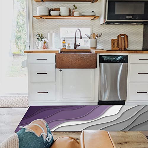 2 Pieces Kitchen Rug and Mat Sets, Purple and Gray Kitchen Mat Standing Floor Mat Absorbent Doormats Cushioned Rugs, Kitchen Mat Sets for Indoor Entrance Sink Abstract Ombre Geometric 23.6"x70.9"