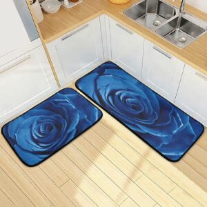 xigua 2 Pieces Elegant Blue Rose Kitchen Rugs and Mats Set Absorbent Soft Microfiber Bath Mat Non-Slip Doormat Laundry Runner Set, 19.7"x47.2"+19.7"x27.6"