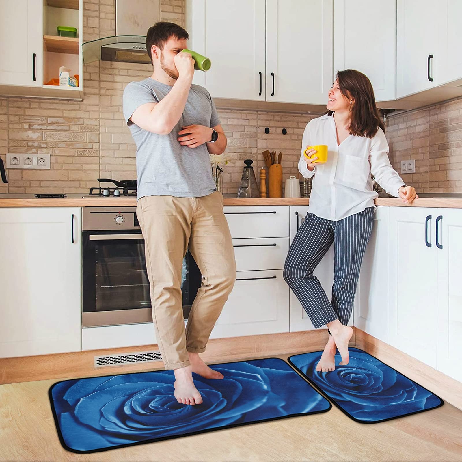 xigua 2 Pieces Elegant Blue Rose Kitchen Rugs and Mats Set Absorbent Soft Microfiber Bath Mat Non-Slip Doormat Laundry Runner Set, 19.7"x47.2"+19.7"x27.6"