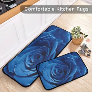 xigua 2 Pieces Elegant Blue Rose Kitchen Rugs and Mats Set Absorbent Soft Microfiber Bath Mat Non-Slip Doormat Laundry Runner Set, 19.7"x47.2"+19.7"x27.6"