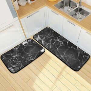 BOENLE Black Textured Marble Kitchen Rugs and Mats Non Skid Washable Kitchen Rug Set 2 Piece Carpet Ergonomic Comfort Standing Mat for Kitchen,Bathroom, Laundry