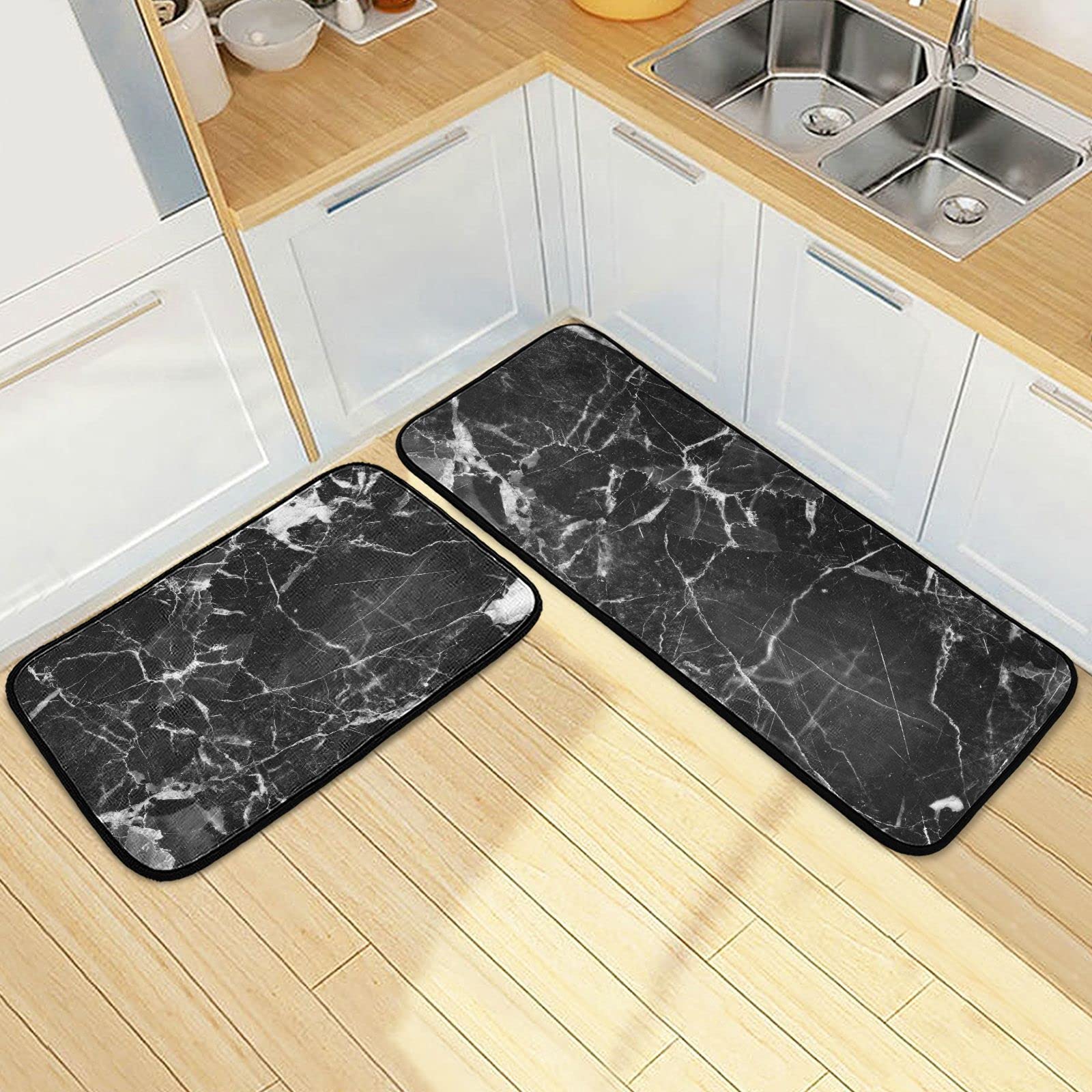 BOENLE Black Textured Marble Kitchen Rugs and Mats Non Skid Washable Kitchen Rug Set 2 Piece Carpet Ergonomic Comfort Standing Mat for Kitchen,Bathroom, Laundry