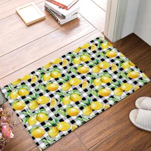 doormat bath rugs non slip yellow fruit lemon watercolour print plaid black and white washable cover floor rug absorbent carpets floor mat home decor for kitchen bathroom bedroom (16x24)